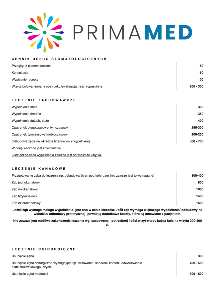 Stomatolog Żary - Cennik usług w PrimaMed